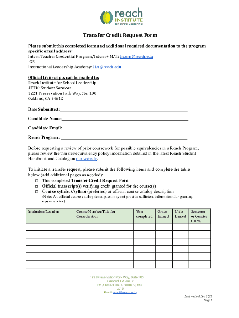 Fillable Online Reach Transfer Credit Form (living doc for revisions) Fax Email Print - pdfFiller