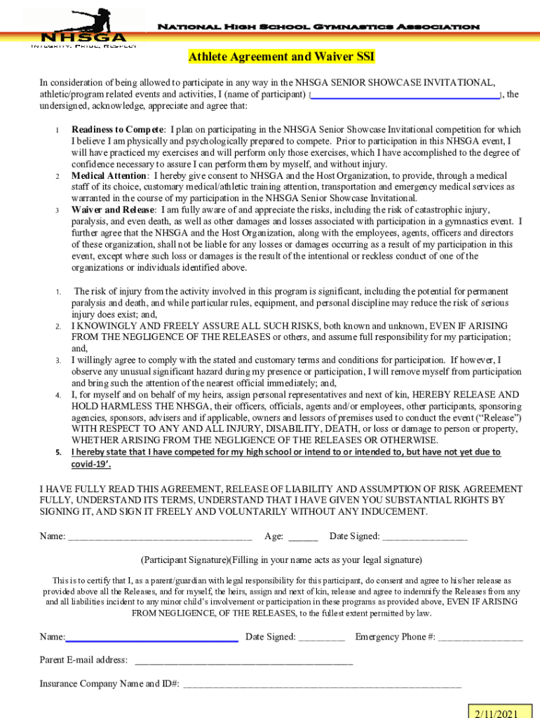Fillable Online 2021 Athlete Agreement and Waiver SSI Form Any Year.doc ...