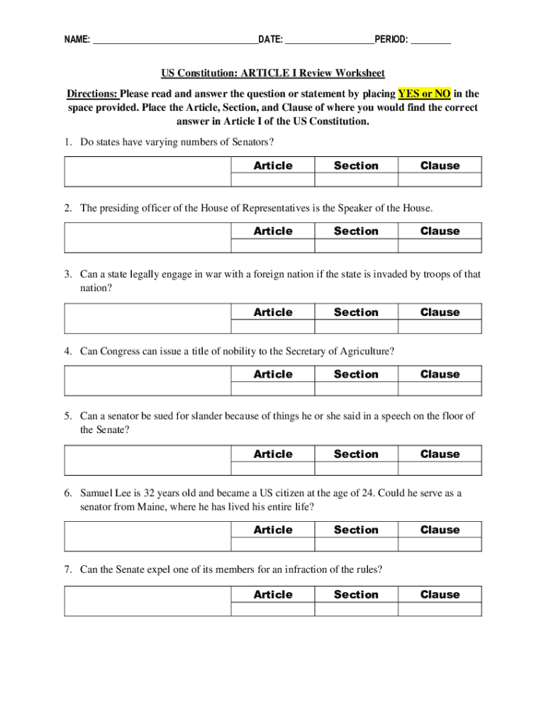 Fillable Online US Constitution: ARTICLE I Review Worksheet Directions ...