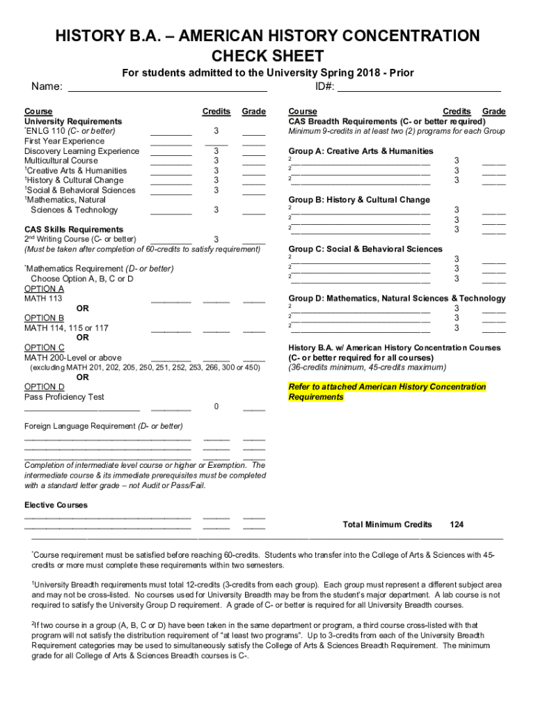 Fillable Online American History Check Sheet (S18 and Prior) Fax Email ...