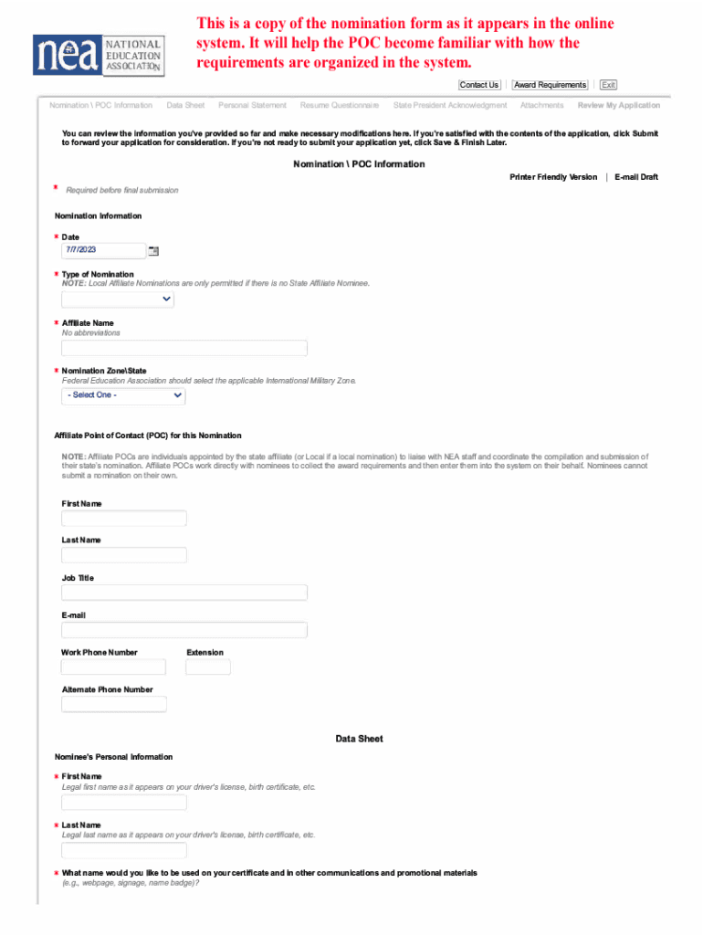 Fillable Online 2024 NEA ESPOTY Nomination Form Fax Email Print - pdfFiller