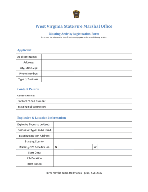 Fillable Online firemarshal wv Blasting Activity Registration Form Fax ...