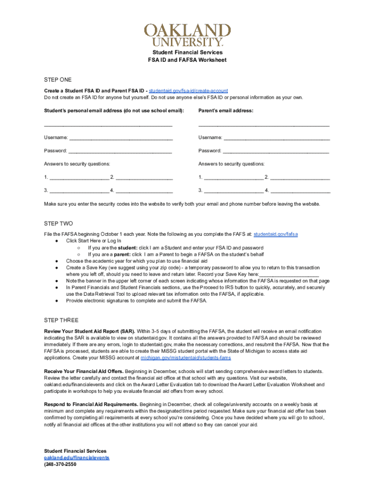 Fillable Online FSA ID and FAFSA Worksheet Fax Email Print - pdfFiller