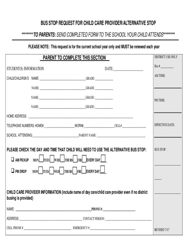 Fillable Online BUS STOP REQUEST FOR DAY CARE PROVIDER Fax Email Print - pdfFiller