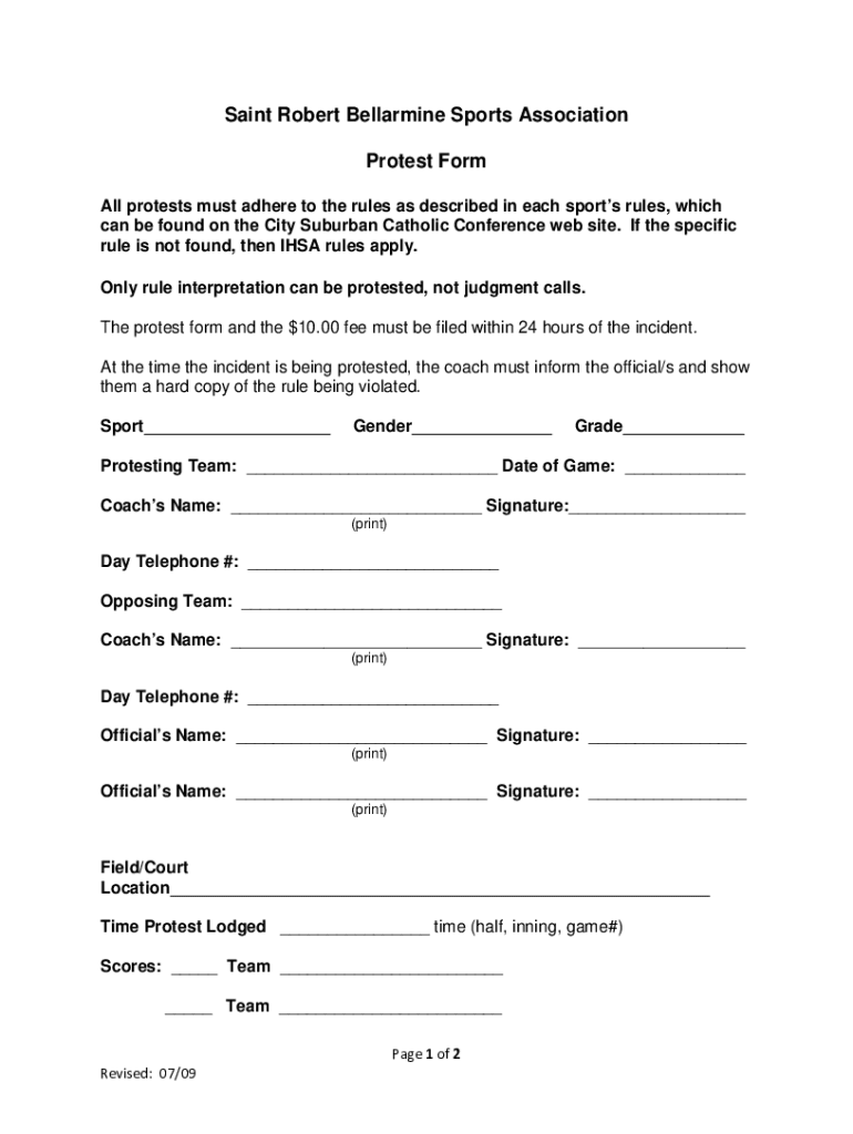 Fillable Online Saint Robert Bellarmine Sports Association Protest Form ...