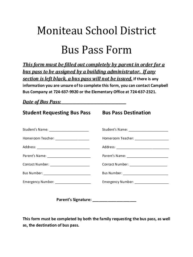 Fillable Online Moniteau School District Bus Pass Form Fax Email Print ...