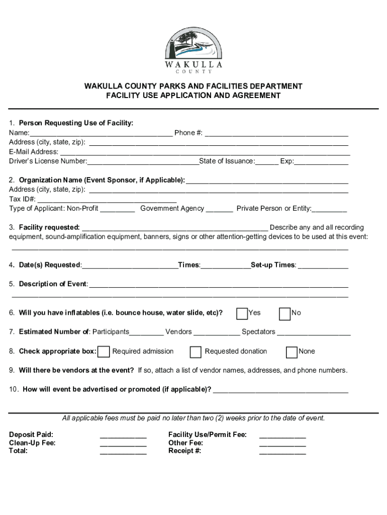 Fillable Online Wakulla County Parks and Facilities Department Facility Use Application and ...