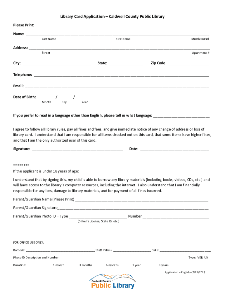 Fillable Online Request Library Card - Caldwell County Public Library ...