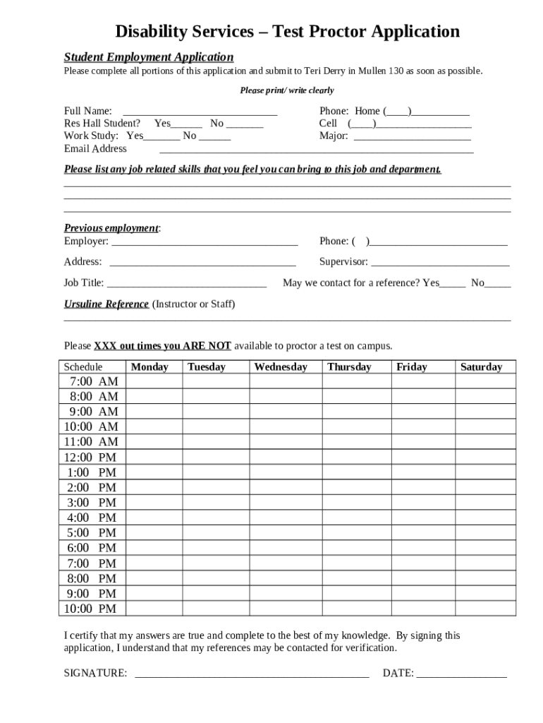 Disability Services - Test Proctor Application Doc Template | pdfFiller