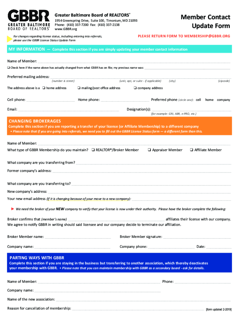 Fillable Online Member Contact Info Update form rev. 2-2019Office Form ...