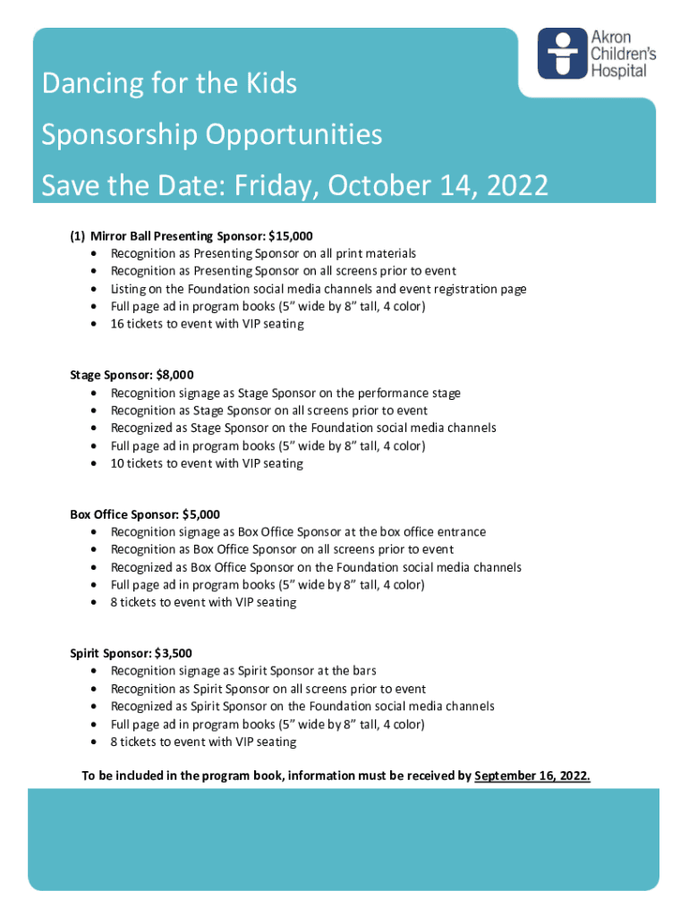 Fillable Online Dancing for the Kids Sponsorship Opportunities Save the ...