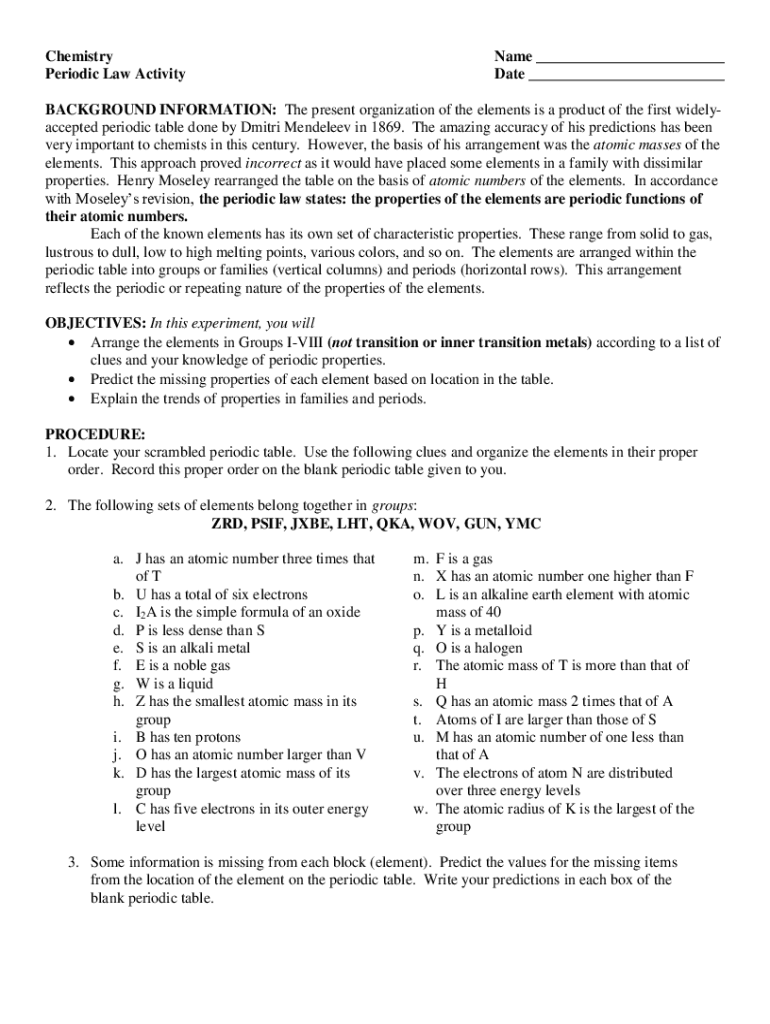 Fillable Online The periodic table and periodic law chapter 6 ...