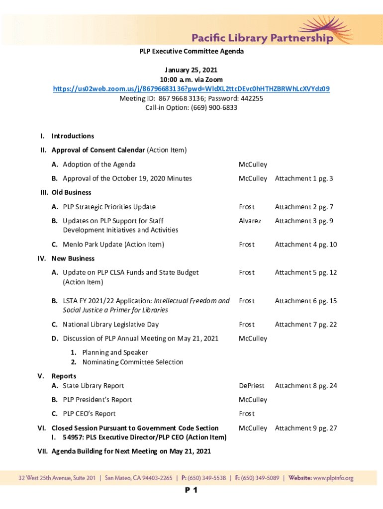 Fillable Online PLP Executive Committee Agenda Fax Email Print - pdfFiller