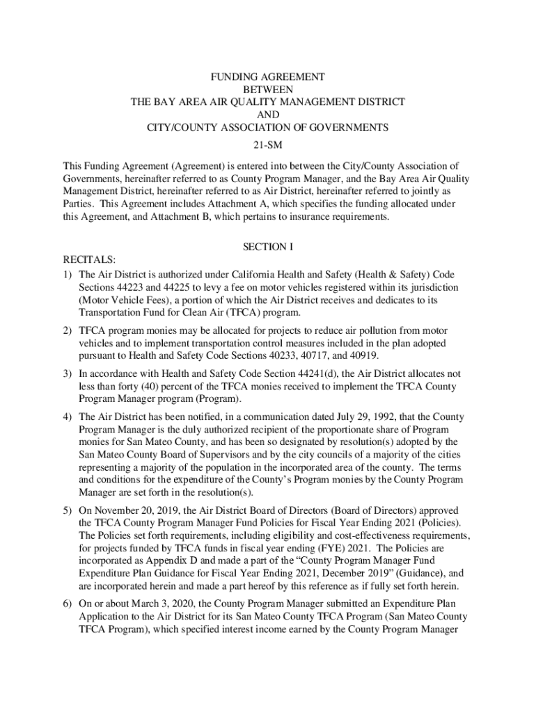Fillable Online ccag ca FUNDING AGREEMENT BETWEEN THE BAY AREA AIR ...