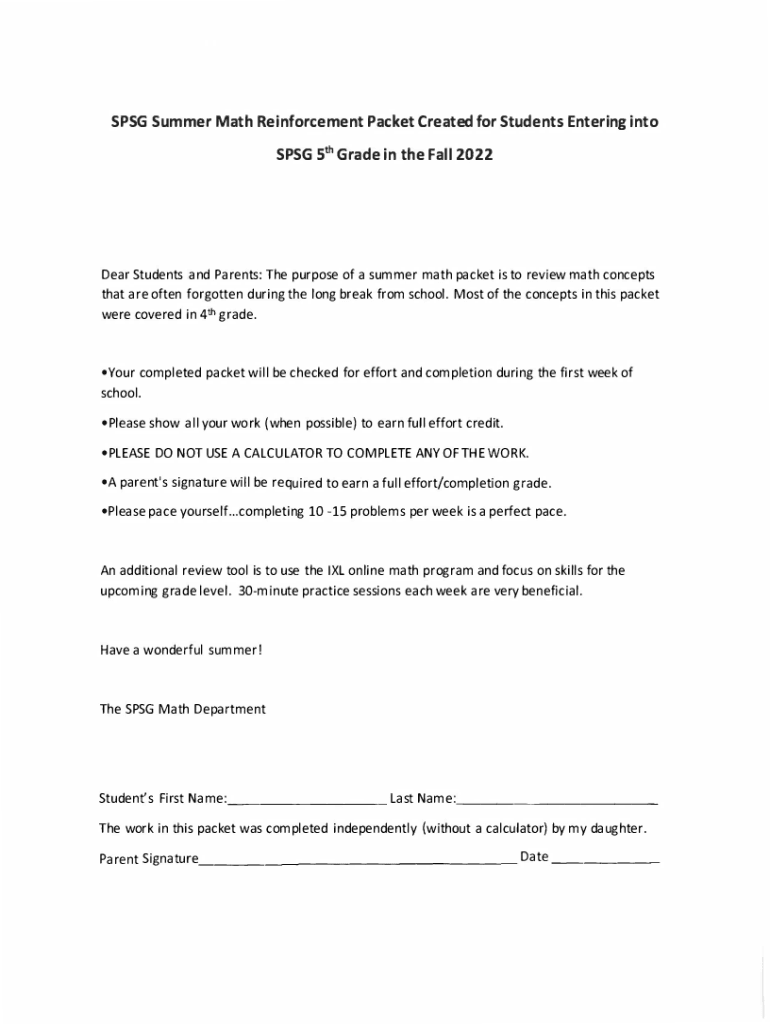 Fillable Online Summer Math Packet Entering 5th Grade Name Fax Email ...