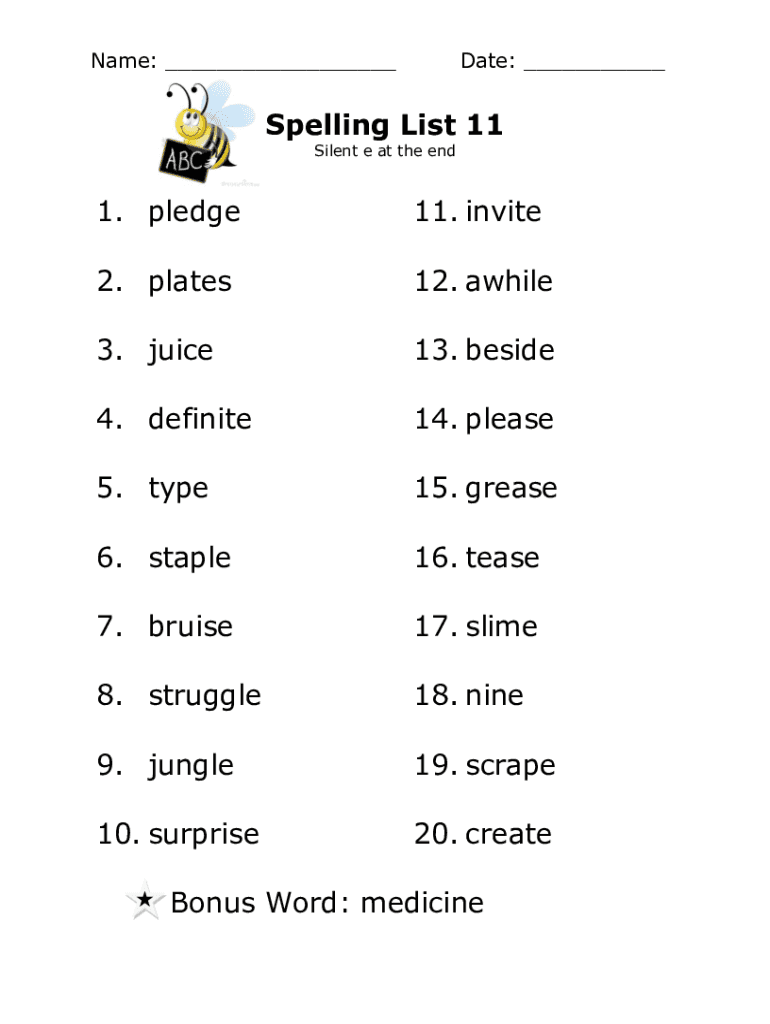 Fillable Online Spelling List 1 1. alligator 2. facts 3. sanding 4. can ...