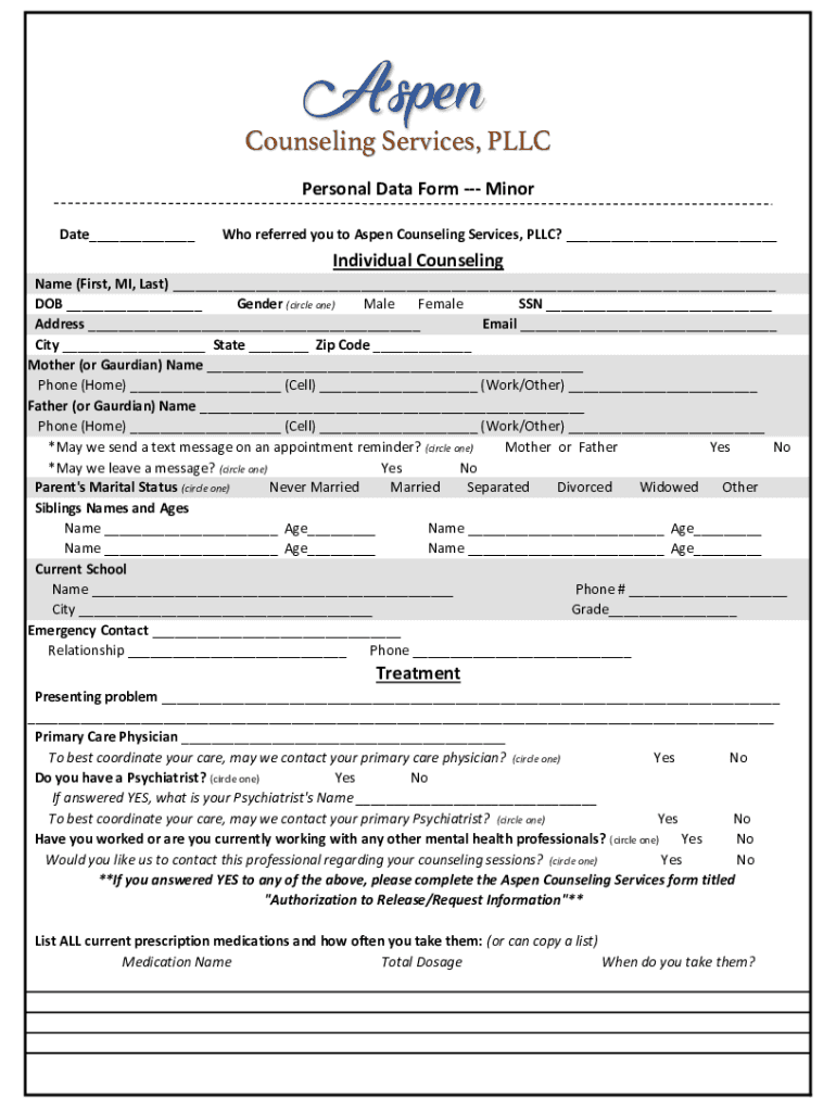 Fillable Online Forms - Aspen Counseling Services Fax Email Print ...