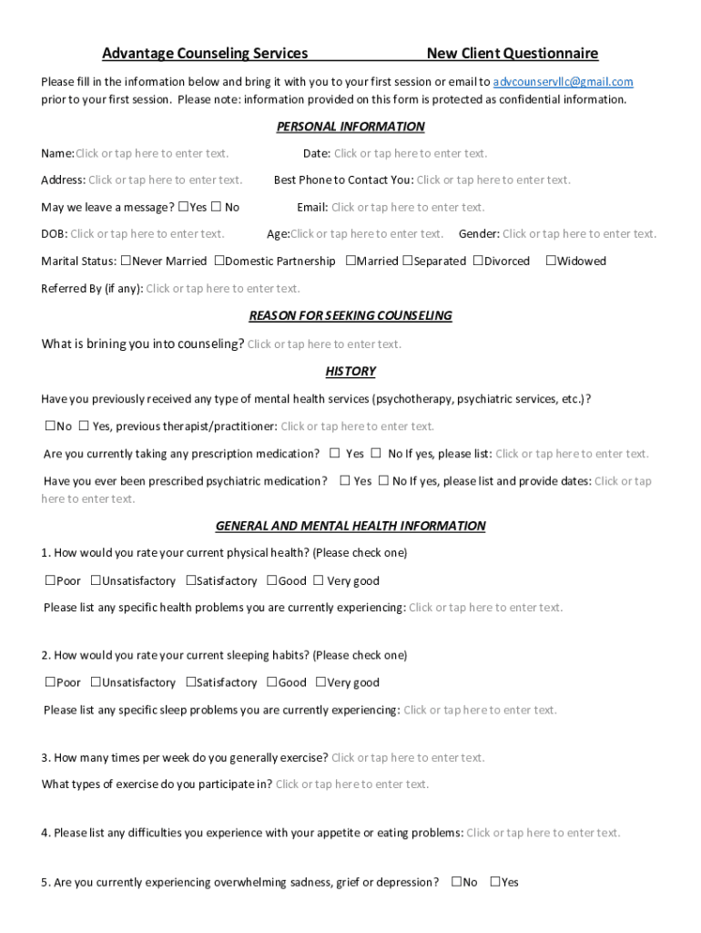 Fillable Online Advantage Counseling Services New Client Questionnaire ...