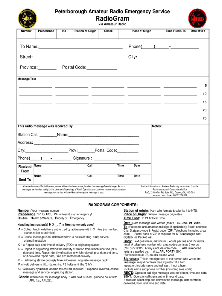 Fillable Online Radiogram Via Amateur Radio Number Precedence HX ...