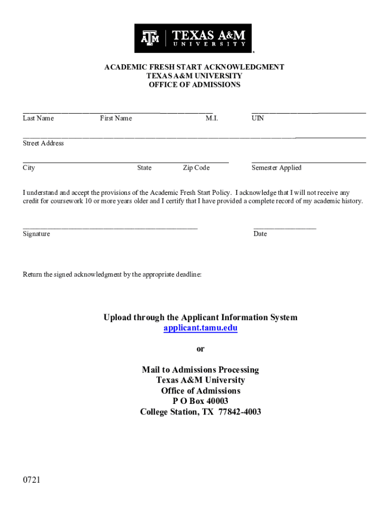 Fillable Online admissions tamu Academic Fresh Start Form - Texas A&M ...