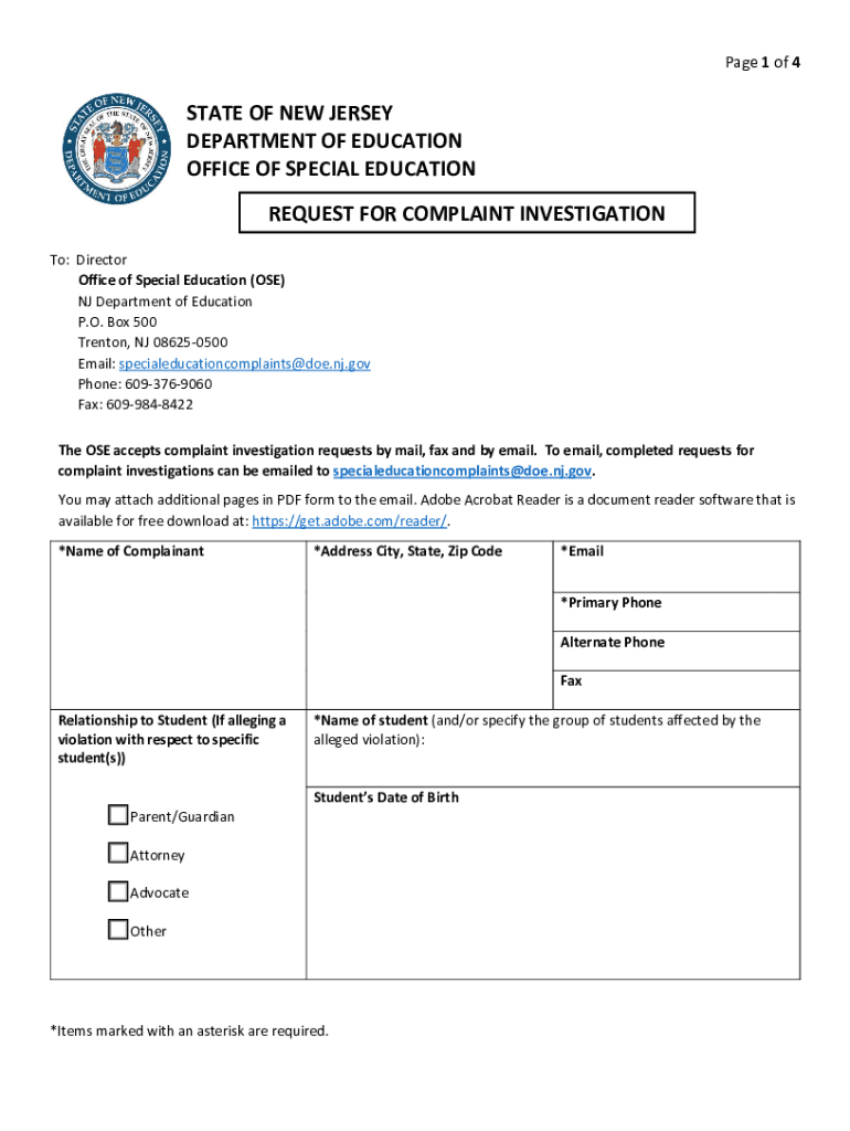 Fillable Online State of New Jersey Department of Education Office is Special Education Request ...