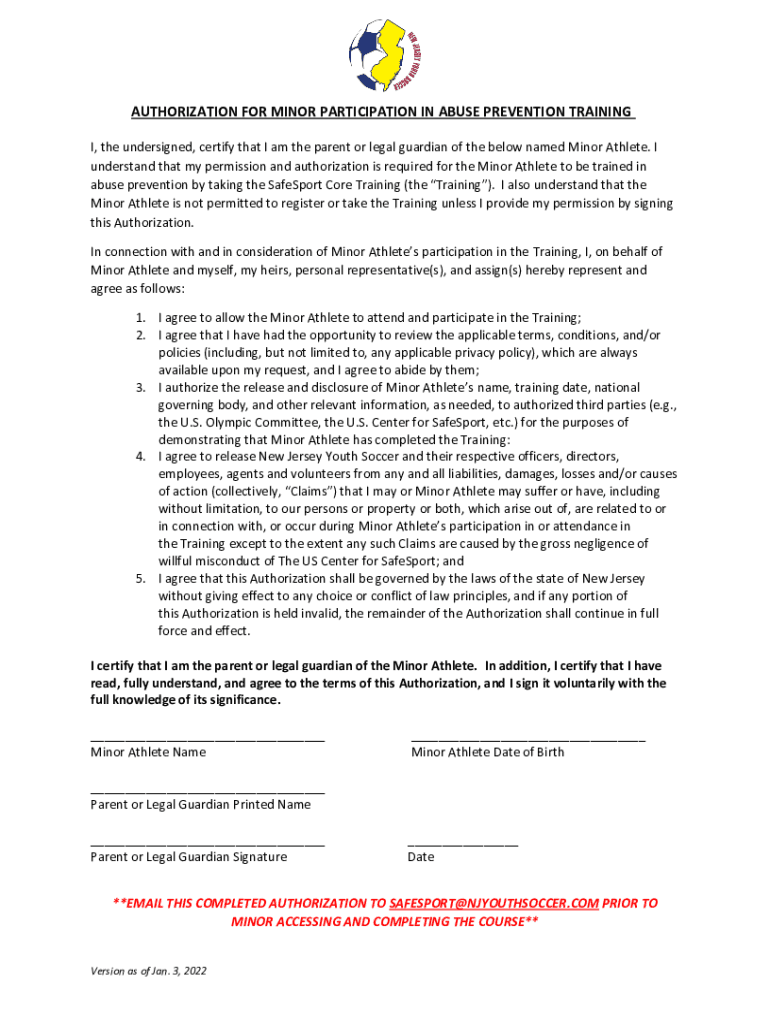 Fillable Online Consent and Authorization for Minor Athlete to ...