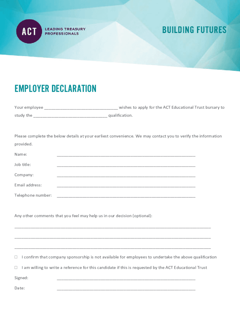Fillable Online ACT Bursary: Employment Declaration Form Fax Email ...