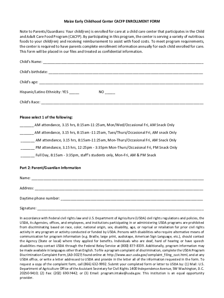Fillable Online Maize Early Childhood Center CACFP ENROLLMENT FORM Fax ...