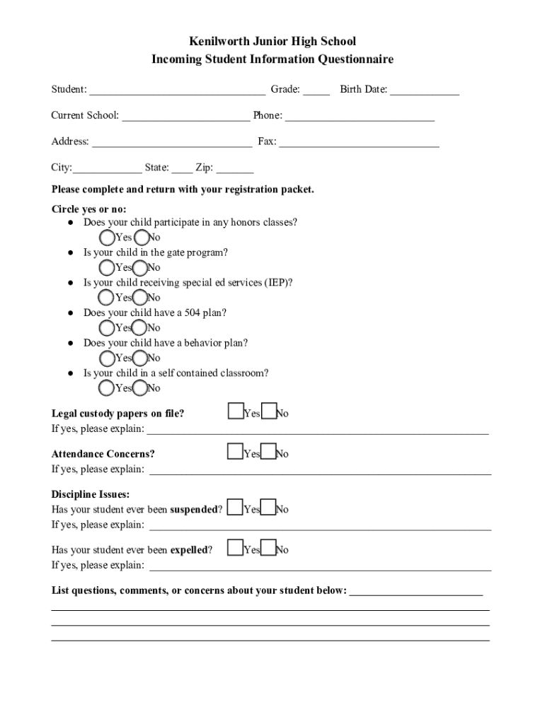 Fillable Online Kenilworth Junior High School Incoming Student ...