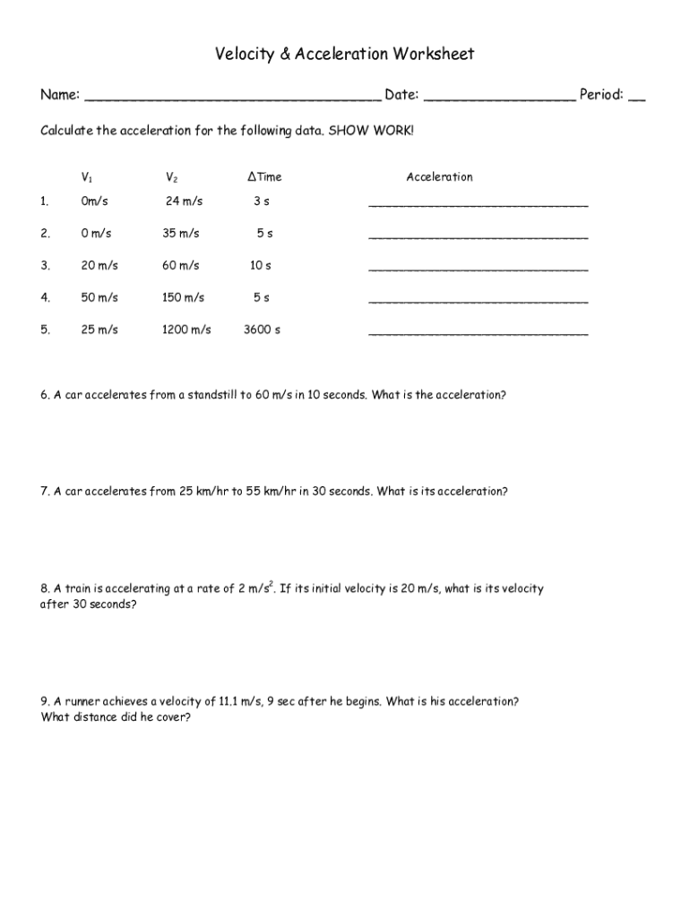 Fillable Online Velocity & Acceleration Worksheet Fax Email Print ...