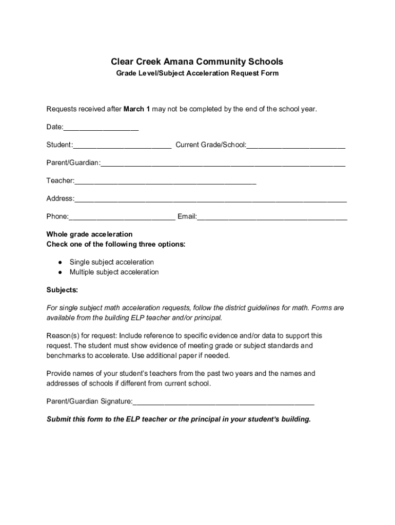 Fillable Online Grade Level/Subject Acceleration Request Form Fax Email ...