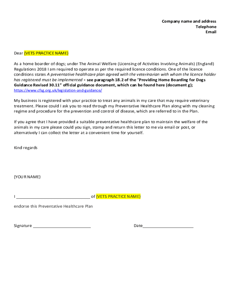 Fillable Online Template Preventative Healthcare Plan Letter to Vets ...