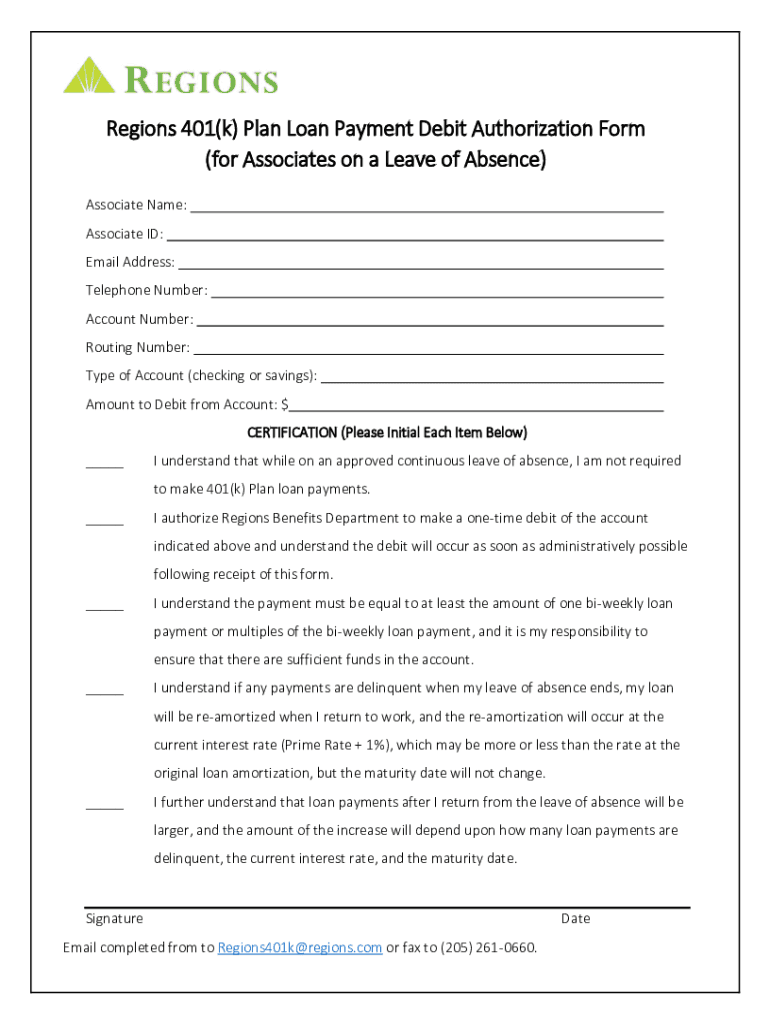 Fillable Online Regions 401(k) Plan Loan Payment Debit Authorization ...