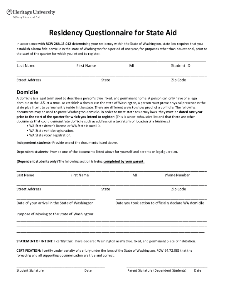 Fillable Online Residency Questionnaire for State Aid Fax Email Print ...