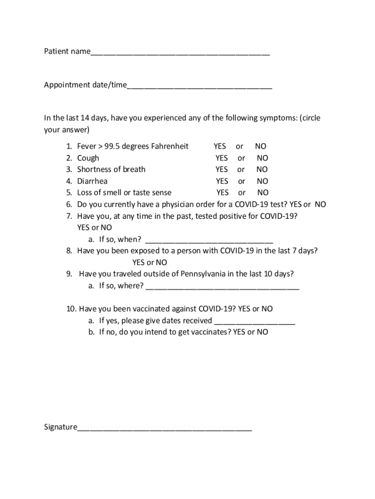 Fillable Online COVID 19 screening questionnaire.docx Fax Email Print - pdfFiller