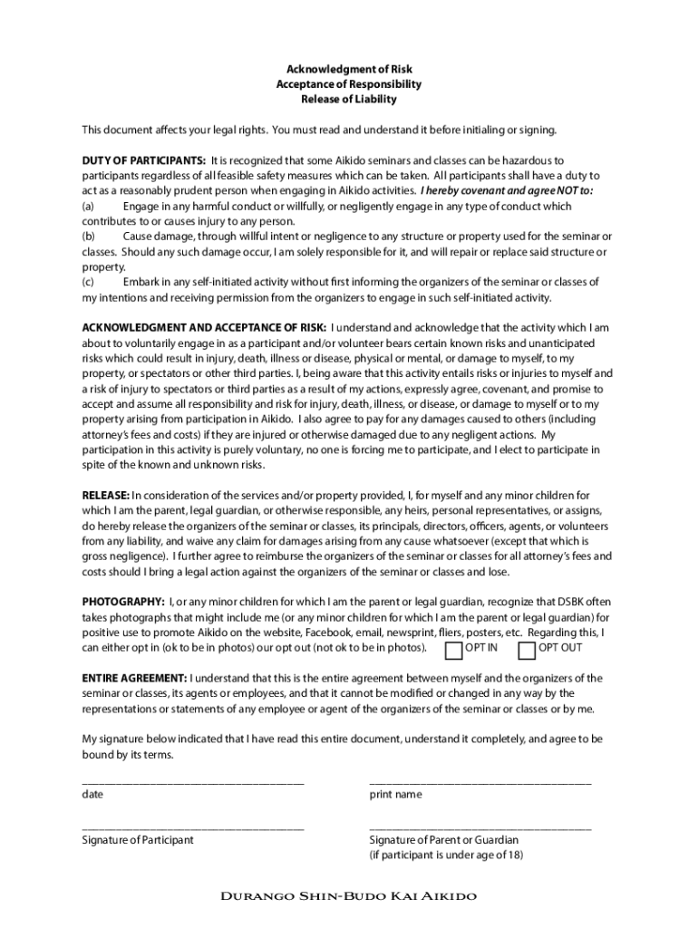 Fillable Online Agreement and Acknowledgement of Risk for Participants ...