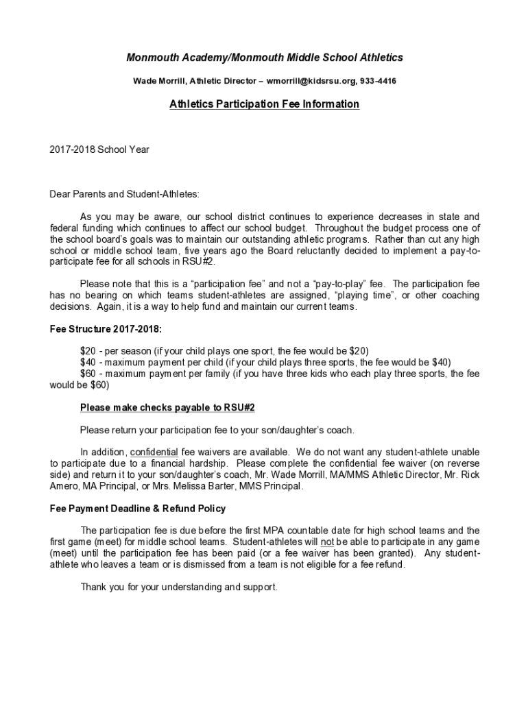 Fillable Online 2017-18 Participation Fee Information Form and Waiver ...