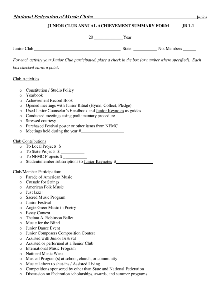Fillable Online JUNIOR CLUB ANNUAL ACHIEVEMENT SUMMARY FORM Fax Email ...