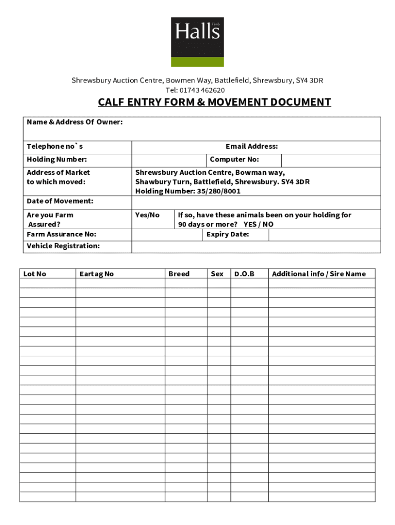 Fillable Online CALF ENTRY FORM & MOVEMENT DOCUMENT Fax Email Print ...