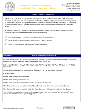 Fillable Online grec state ga Georgia Real Estate Commission Lawful Presence Affidavit Fax Email ...