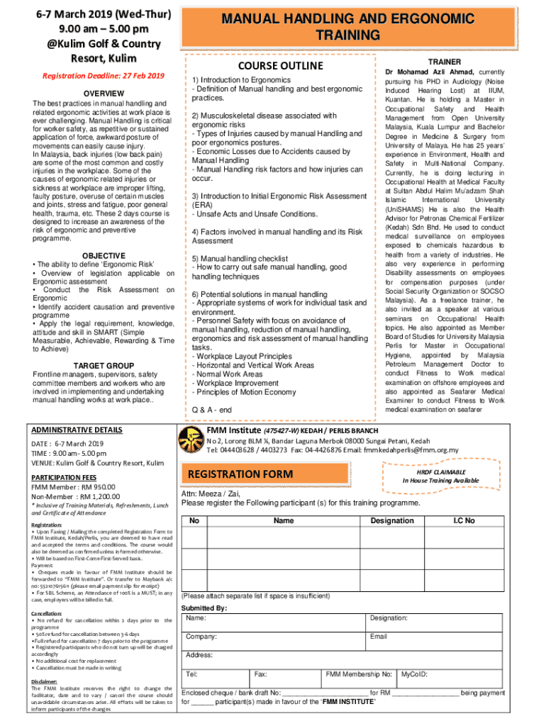 Fillable Online 6-7 MAR MANUAL HANDLING AND ERGONOMIC TRAINING.doc Fax ...