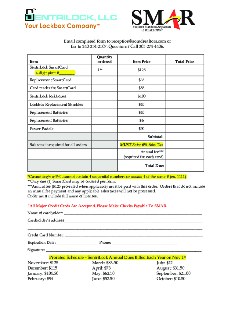 Fillable Online SentriLock Key Access & Lockbox Lease Order Form Fax ...
