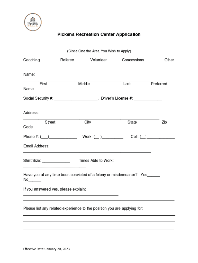 Fillable Online Pickens Recreation Center Application rev 012023.docx ...