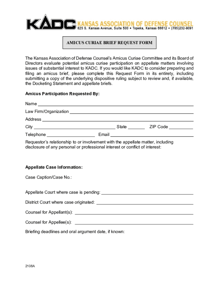 Fillable Online Amicus Curiae Brief Policy Request Form Fax Email