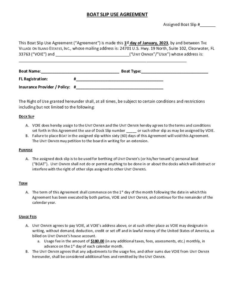 Fillable Online BOAT DOCK AND SLIP USE AGREEMENT Fax Email Print ...