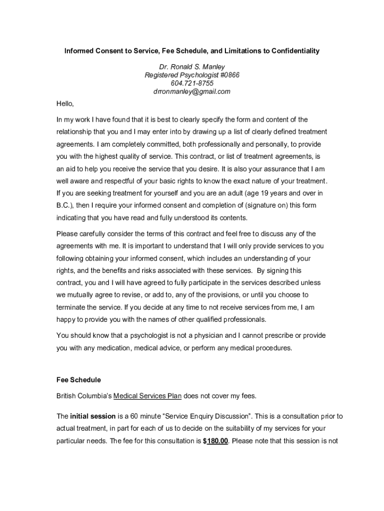 Fillable Online Informed Consent to Service, Fee Schedule, and ... Fax ...