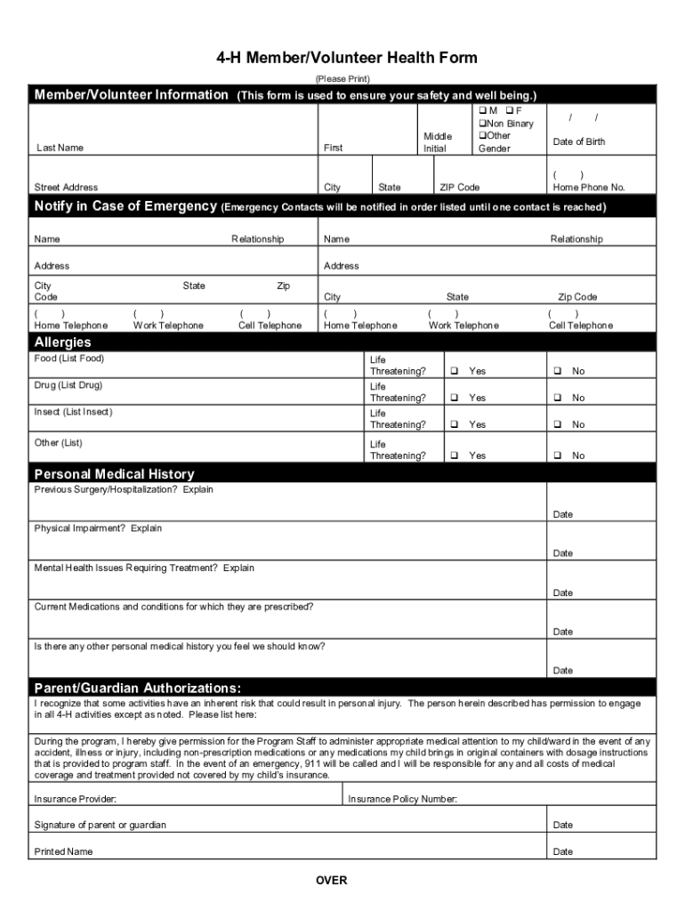 Fillable Online 4H Mentor/Volunteer Health Form - UConn 4-H Fax Email ...