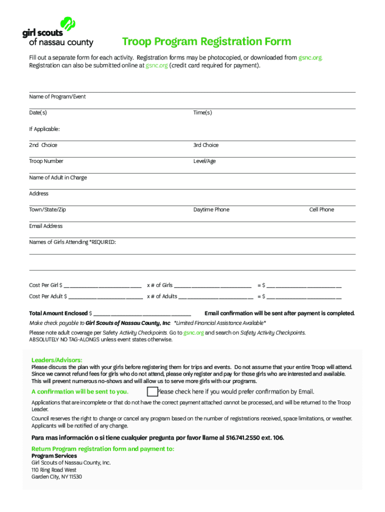Fillable Online Girl Scout Registration Form Printable - Fill Online ...
