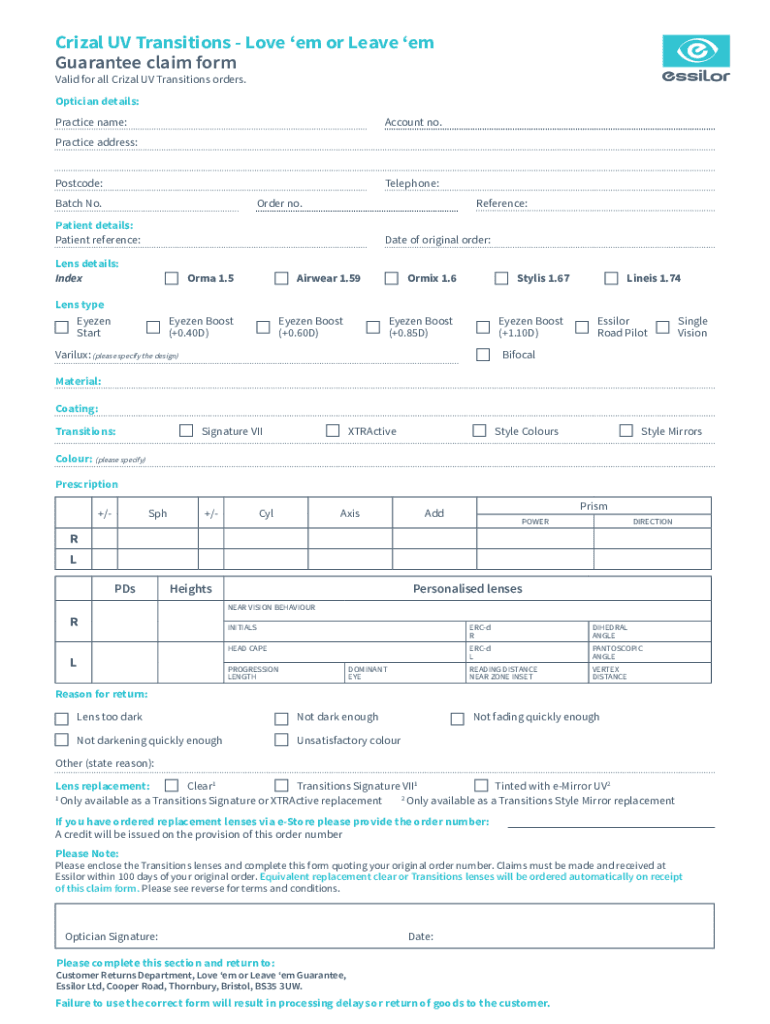 Fillable Online em or Leave 'em Guarantee Claim Form - Essilor UK ...