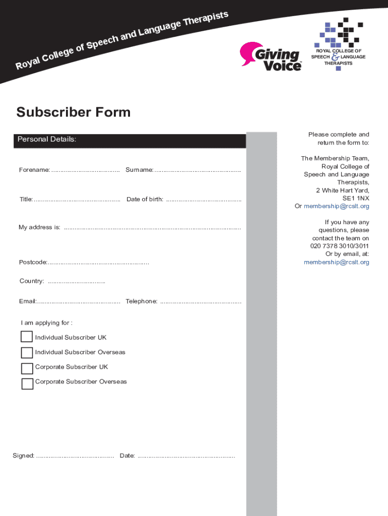 Fillable Online Subscriber Form Fax Email Print - pdfFiller